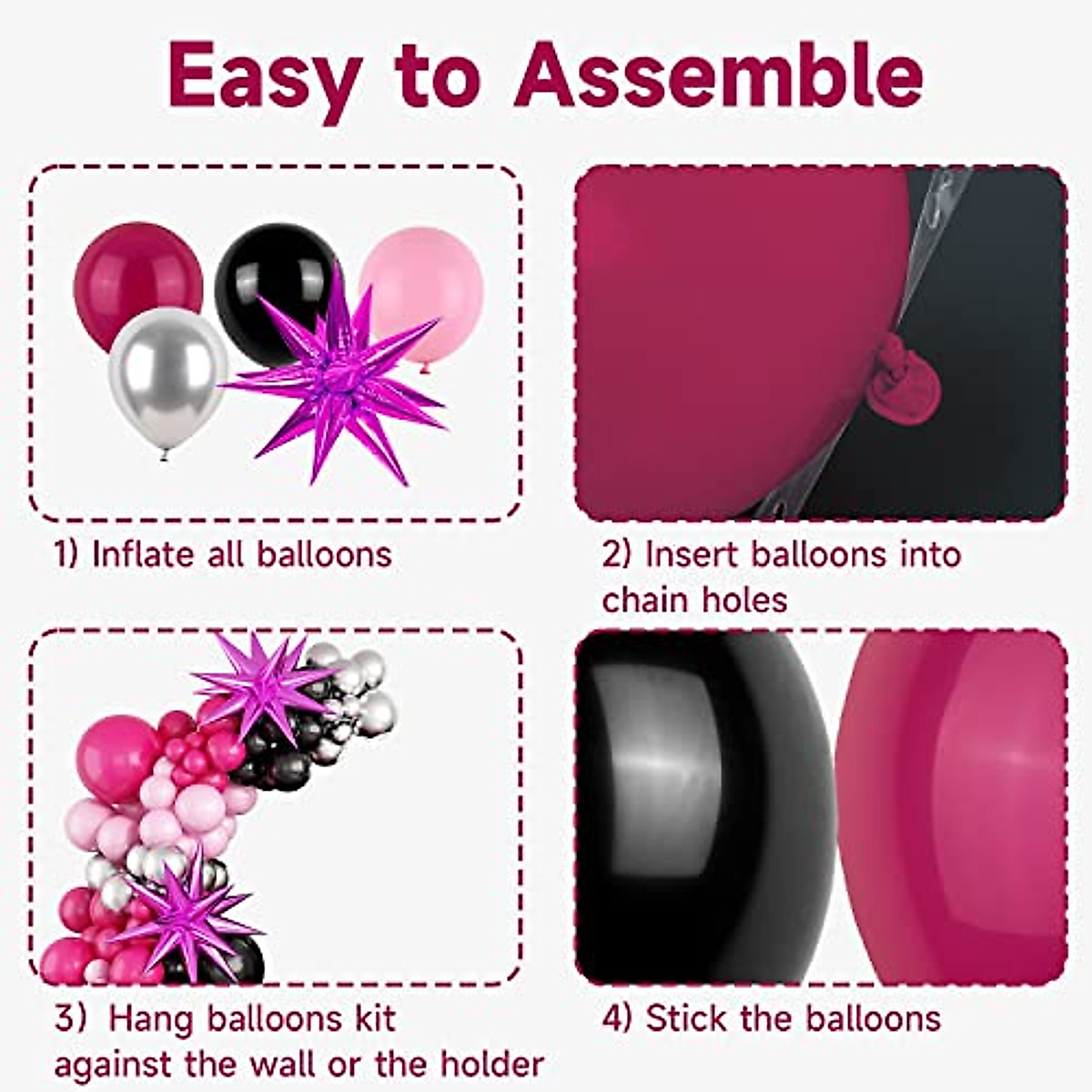 GREMAG Black Pink Balloon Arch Kit, 114Pcs Balloons Party Decorations, Black Pastel Silver Latex Balloons with Hot Pink Explosion Star, for Birthday Girls Theme Party Baby Shower Wedding