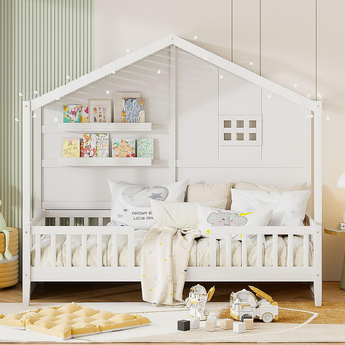 BestLM Twin Size House Bed with Semi-Enclosed Fence & Shelves, Wood House Bed Frame with Window & Sparkling Light Strip on The Roof for Kids Teens Girls Boys, No Box Spring Required, White