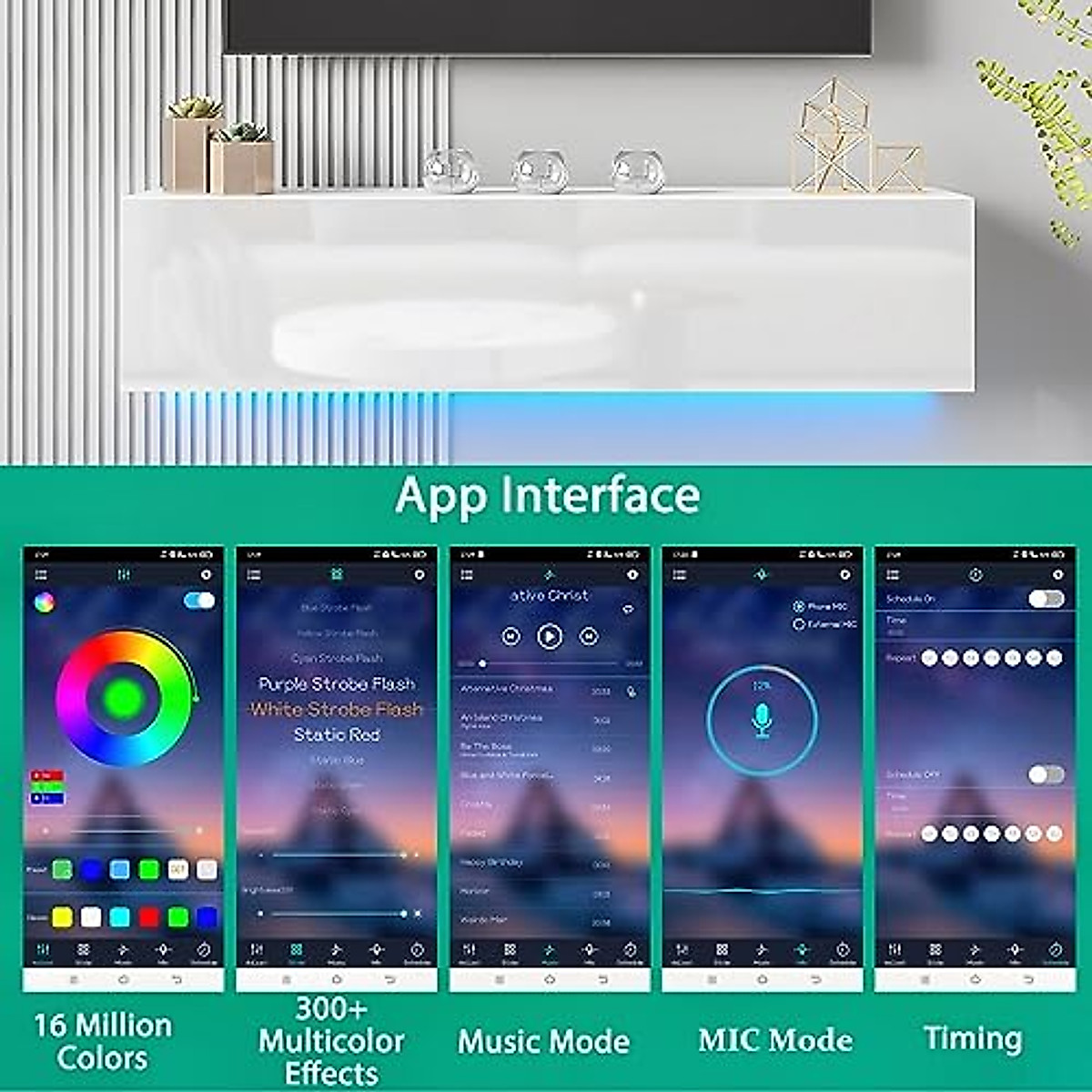 HOMMPA Floating TV Stand with Led Light for 63 Inch TVs Wall Mounted Led Entertainment Center with High Gloss Storage Modern Floor White Mounted Media Console for Living Room