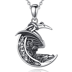 Vito Sterling Silver Celtic Moon Dragon Necklace for Women Men, Vintage Aesthetic Crescent Pendant Jewelry Gift for Husband, 18 inch Chain