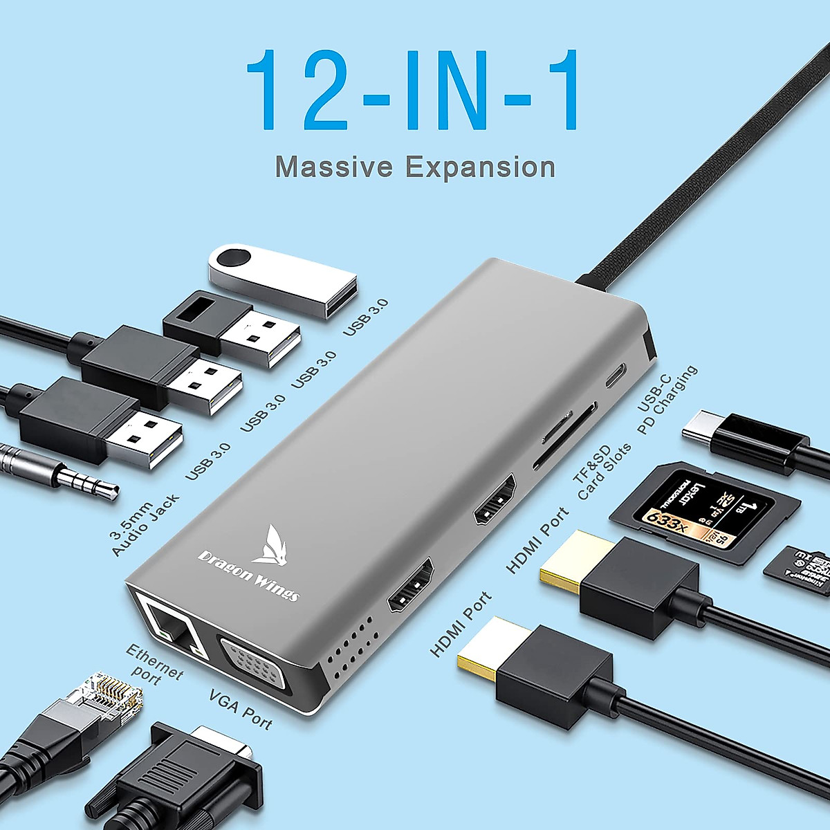 USB C Hub, 12-in-1 Multi-Port USB C Adapter with 1000M Ethernet, 4 USB 3.0 Ports Adapter, TF, SD, VGA, 3.5mm Audio, 100W PD Powered Compatible with MacBook, Pro,Air,Type C Adapter Laptop Silver…