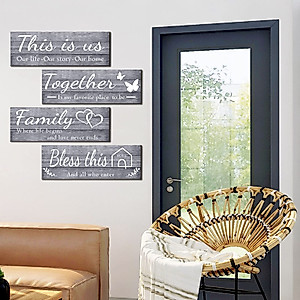 Joyhawk 4 Pieces Wall Decor Signs, THIS IS US, TOGETHER, BLESS THIS HOME, FAMILY Rustic Wooden Farmhouse Wall Art Décor For Living Room Bedroom Kitchen, , 4.7 x 13.8 Inch(Grey)