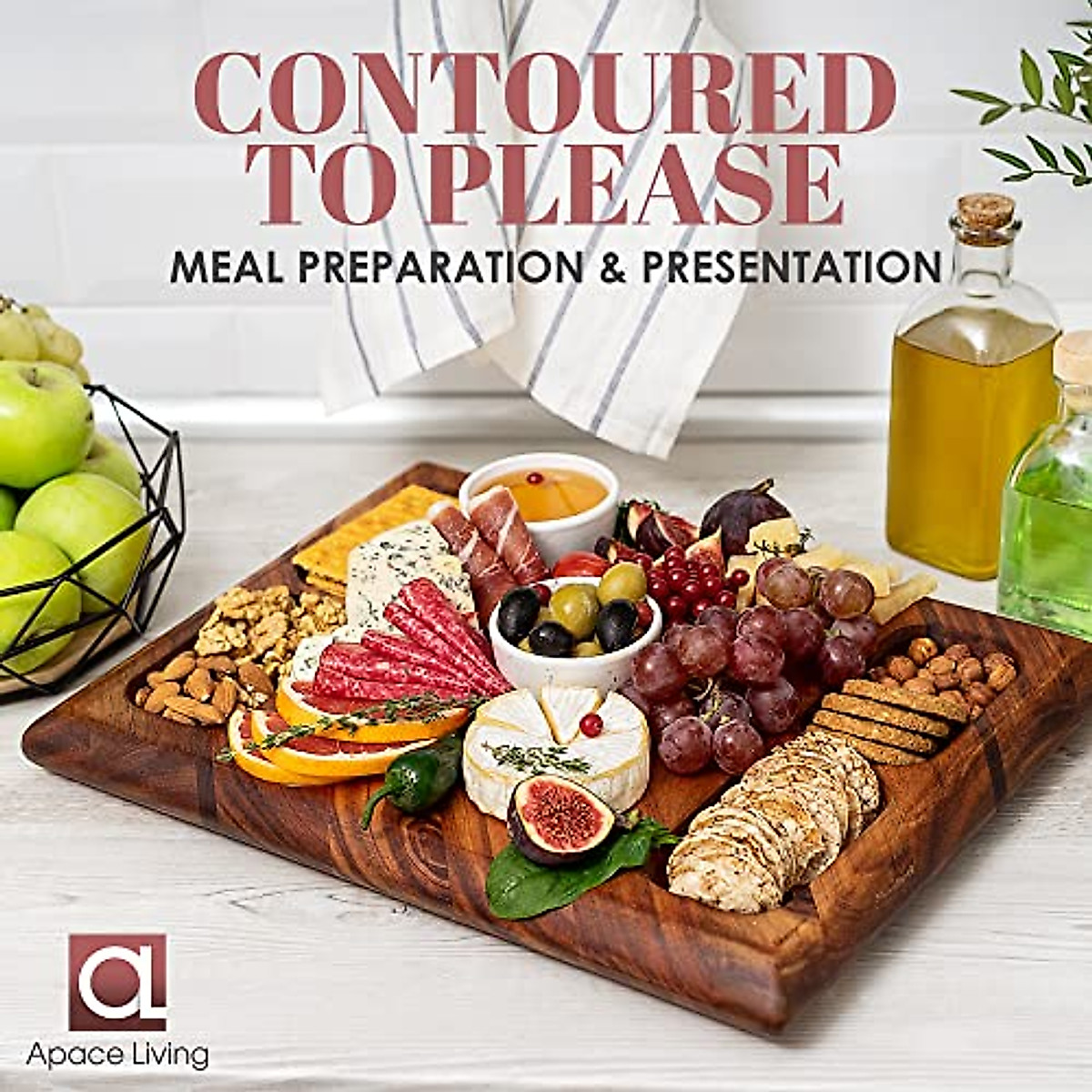 Contour Wood Cutting Board - Large Acacia Butcher Block Chopping Board for Kitchen w/Stand, Sustainable Wood, Juice Groove - Doubles as 4 Compartment Serving Board - Apace Living 17x13x1.5