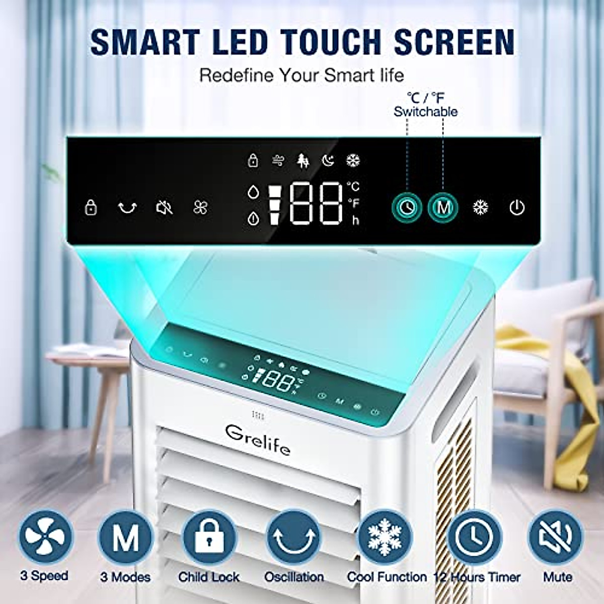 Grelife Portable Evaporative Air Cooler, 3-IN-1 Air Cooler with Fan & Humidifier, 1.58Gal Water Tank for Bedroom Room Office Garage