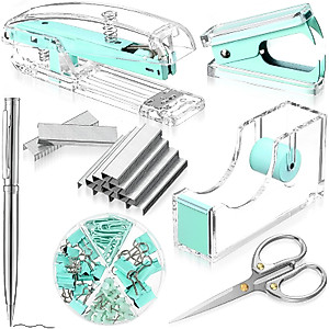 Office Supplies Set Desk Accessory Kit, Acrylic Stapler Set Staple Remover, Tape Dispenser, Binder Clips, Paper Clips, Ballpoint Pen and Scissor with 1000 Pieces 26/6 Staples (Green)