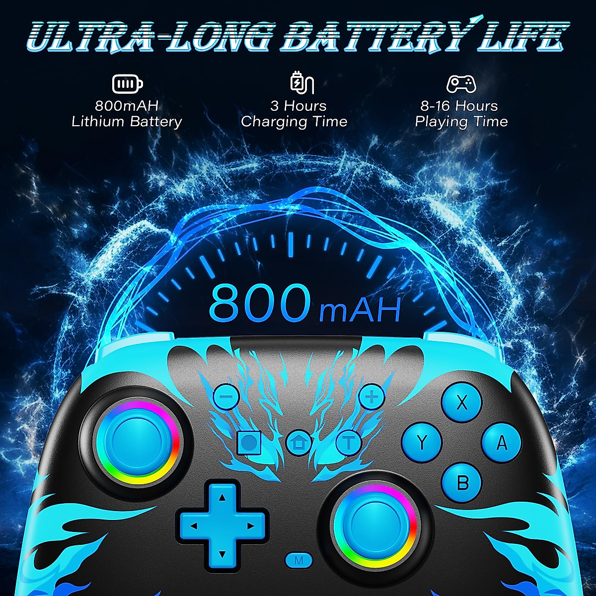 Reddening Controller for Nintendo Switch, Wireless Switch Controllers with LED Joystick/Motion Control/Vibration/Turbo, Switch Pro Controller for Nintendo Switch/Lite/OLED (Blue)