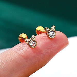 COCHARM 14K Gold Cartilage Earring Stud Yellow Gold 16g Flat Back Cartilage Stud 14K Solid Gold Push in Cartilage Piercing Stud Cat Labret Stud Gold Medusa Studs