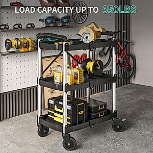 YITAHOME Folding Utility Service Cart, 350LBS 3 Tier Foldable Cart with Wheels Collapsible Cart on Wheels with 360°Swivel Wheels (2 with Brakes), Portable Cart for Home Garage Restaurant Office