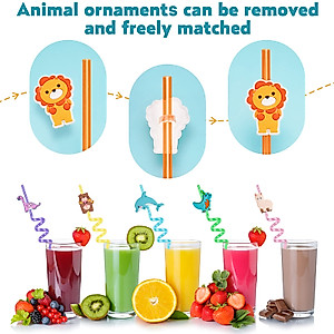 NiHome 24 Reusable Plastic Animal Straws with 2 Cleaning Brushes, Dolphin Dinosaur Lion Shark Jungle Safari Party Favors Kids Birthday Decorations for Boys Girls, Fillers for Baby Shower Goodie Bags