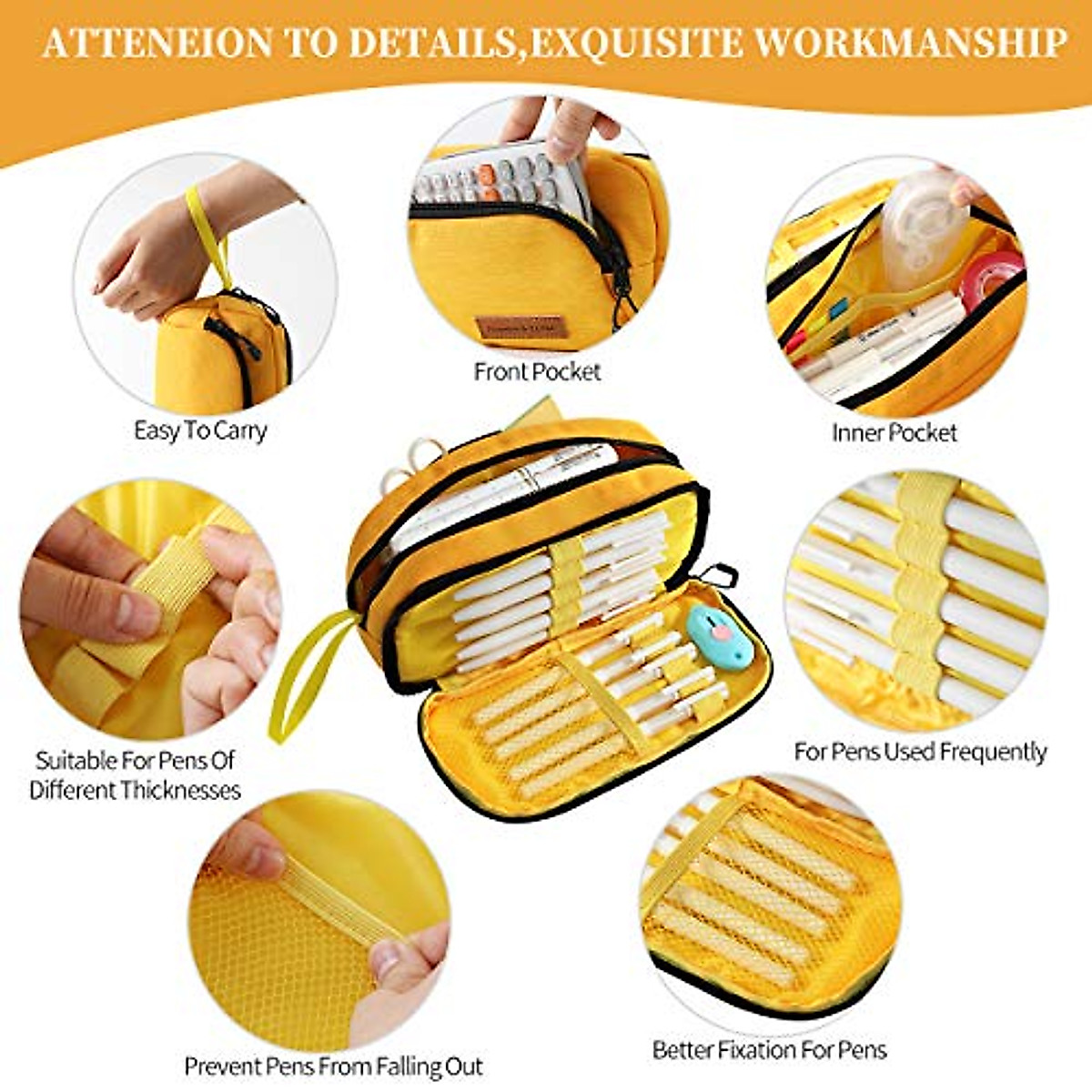 Tineeba Big Capacity Pencil Case Pouch Bag Pen Boxes for Girls Boys Supplies for College Students Middle High School Office Large Storage (Yellow)