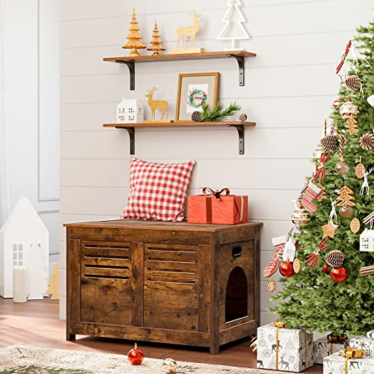 DINZI LVJ Litter Box Furniture, Flip Top Hidden Cat Washroom with Louvered Window, Entrance Can Be on Left/Right Side, Enclosed Cat Litter House Side Table for Most of Cat and Litter Box, Rustic Brown