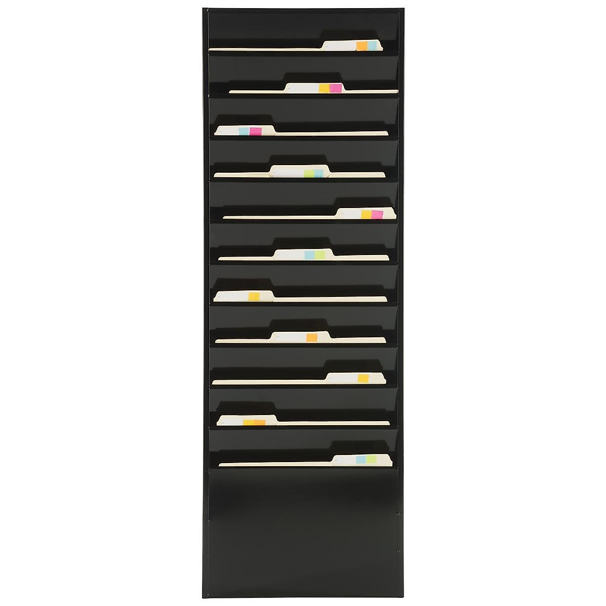 Displays2go File Folder Wall Rack with 11 Tiered Pockets, Shows Only The Top Portion of a File Folder, Office Filing Rack for Wall Mount - Black Powder-Coated Steel