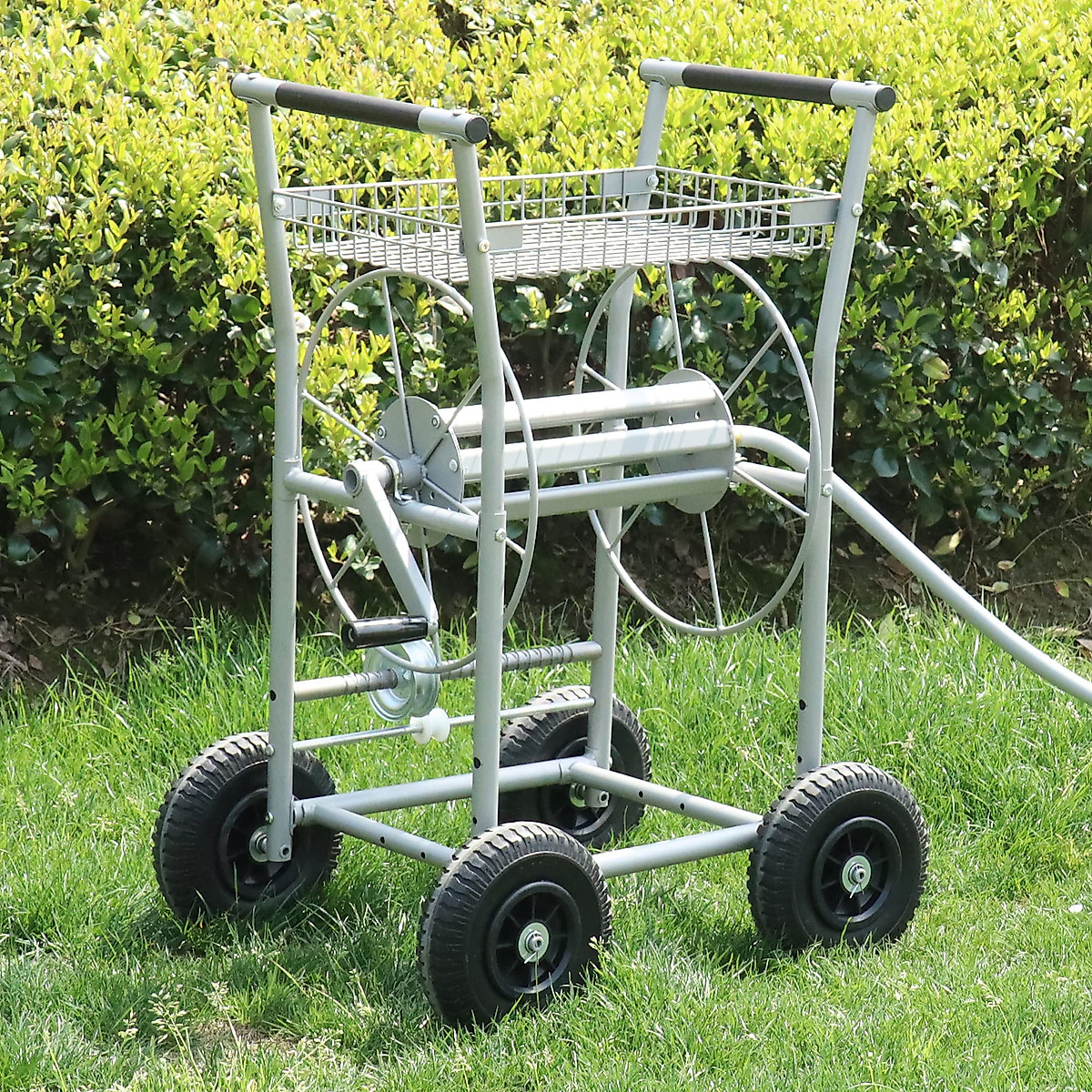SUNNYSTORY All Metal Garden Hose Reel Cart with Metal Hose Guide System, Holds 150 Feet of 5/8 Inch Hose Cart with Solid Tires for Garden, Yard, Lawn