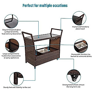 ZLXDP Outdoor Patio Furniture Set Outdoor Patio Wicker Rattan Serving Bar Cart with Ice Bucket Wine Rack Brown