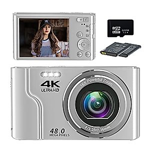 Saneen Digital Camera, 4K Kids Cameras for Photography, 48MP Compact Point and Shoot Photography Cameras for Teens, Kids, Elder, Beginners, 16X Digital Zoom, with 32GB SD Card & 2 Batteries - Silver