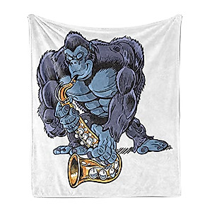 Lunarable Gorilla Throw Blanket, Muscular Build Cartoon Mammal Monkey Playing Saxophone Jazz Musiciannimal, Flannel Fleece Accent Piece Soft Couch Cover for Adults, 50" x 70", Multicolor