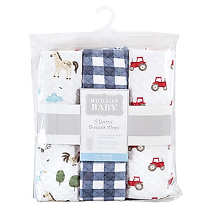 Hudson Baby Unisex Baby Quilted Cotton Swaddle Wrap 3pk, Boy Farm Animals, 0-3 Months