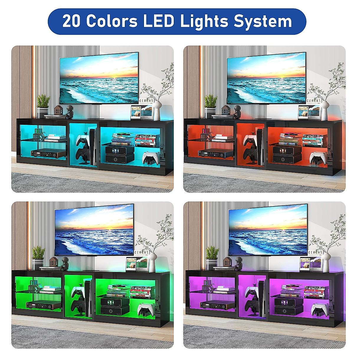 Vinctik 6&Fox High Gloss LED TV Stands w/Power Outlet,60,000-Colors Lighting for 55 60 65inch TV,Modern Black LED Entertainment Center w/Adjustable Glass Shelves for Living Room Gameroom Bedroom