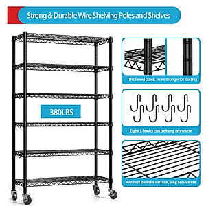 Hodonas 2300LBS Wire Shelving Unit, 36"W x 14"D x 75"H Metal Standing Shelf Units with Wheels / Leveling Feet, 6 Tier, Adjustable, Heavy Duty, and NSF Storage Shelves, Rolling Metal Shelving Wire Rack