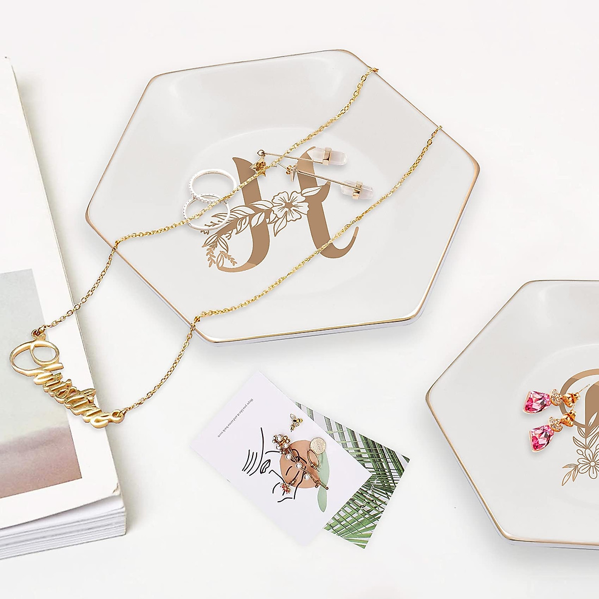 CARAKNOTS Jewelry Tray for Women Ceramic White Ring Dish Birthday Engagement Wedding Valentines Gifts for Her Jewelry Dish for Rings Earring Necklace Monogram Initial Decorative Trinket Plate Letter H