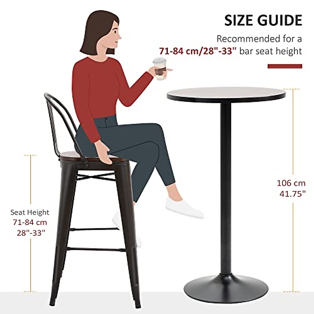 HOMCOM 42" H Bar Height Round Bar Table, Rustic Industrial Pub Table, Elm Wood Top Bistro Table with Metal Base