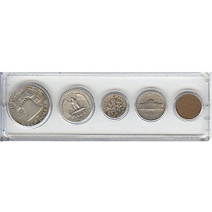 1949 BIRTH YEAR COIN SET, 5 COINS TOTAL-, SILVER HALF DOLLAR, SILVER QUARTER, SILVER DIME, NICKEL, CENT-, ALL DATED 1949 AND DISPLAYED IN A PLASTIC HOLDER--NOTE-- THESE COINS WILL BE AS GOOD OR BETTER THEN THE PICTURE--NOTHING LESS