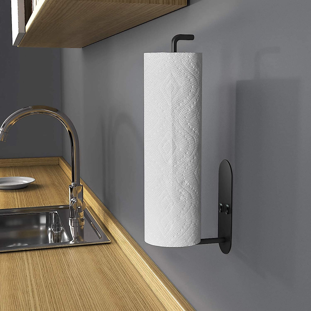 VAEHOLD Adhesive Paper Towel Holder Under Cabinet Mount, Black Paper Towel Roll Holder for Kitchen, SUS304 Stainless Steel