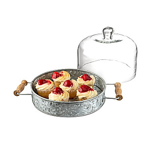 Royalty Art Farmhouse Cake Plate with Glass Dome, Rustic Kitchen and Dining Room Platter with Carry Handles, Galvanized Steel Base, Decorative Home Decor for Cupcakes and Pastries