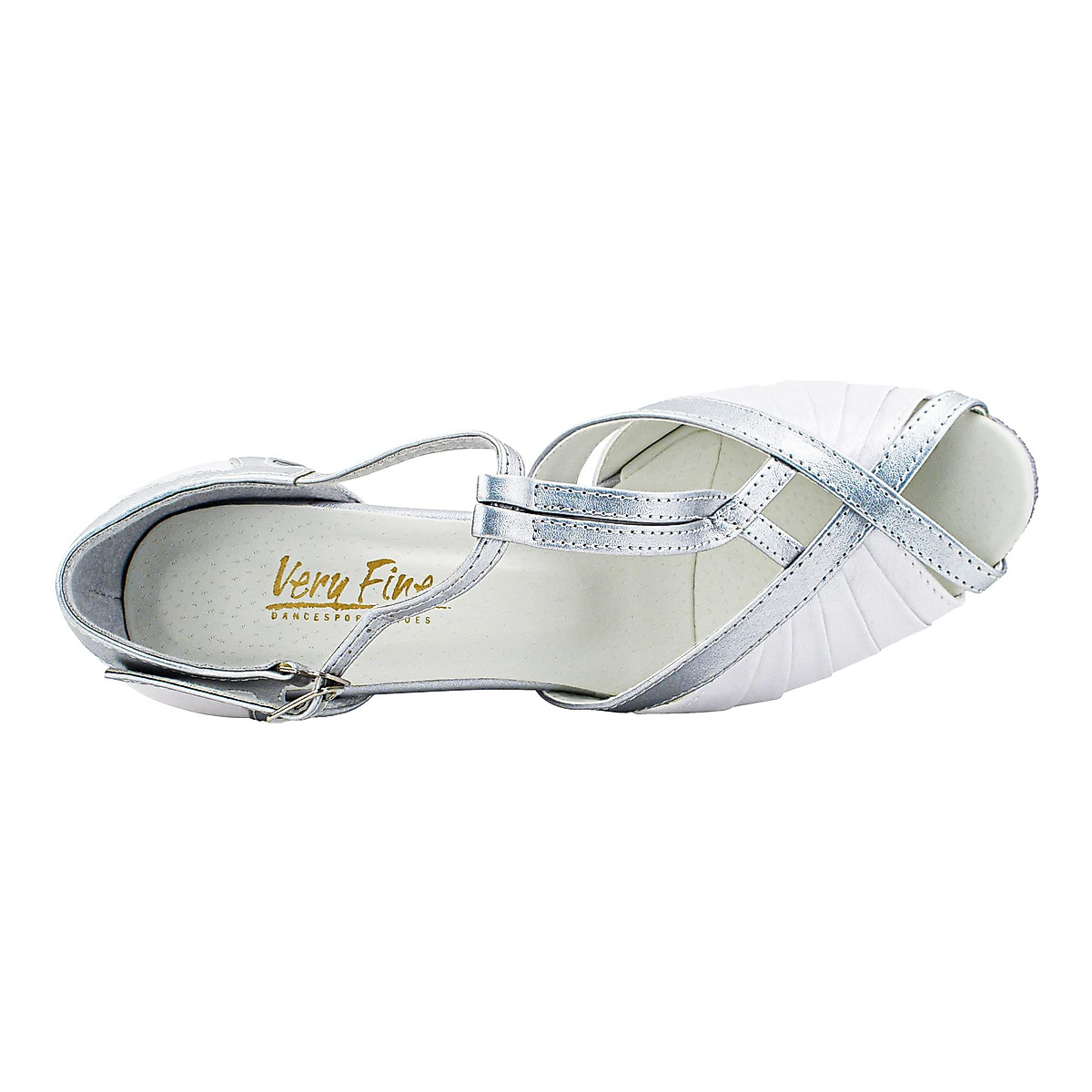 Very Fine Womens Dance Shoe Gabriella Bachata Swing Salsa Latin Ballroom White Satin and Silver 2.5" Heel 8.5 US