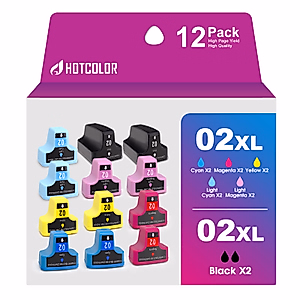 HOTCOLOR Remanufactured for hp 02 Ink Cartridges Replacement for HP 02 Printer Ink cartridges Work for HP PhotoSmart C6280 C7280 8250 D7460 C8180 C6250 Printer (2BK/2C/2M/2Y/2LC/2LM, 12-Pack)
