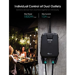 TREATLIFE Outdoor Smart Plug, HomeKit Outdoor Plug with 2 Individual Control Outlets, IP64 for Outdoor String Lights, Compatible with Siri, Alexa, Google Home, 2.4GHz WiFi Only, Remote Control, Timer