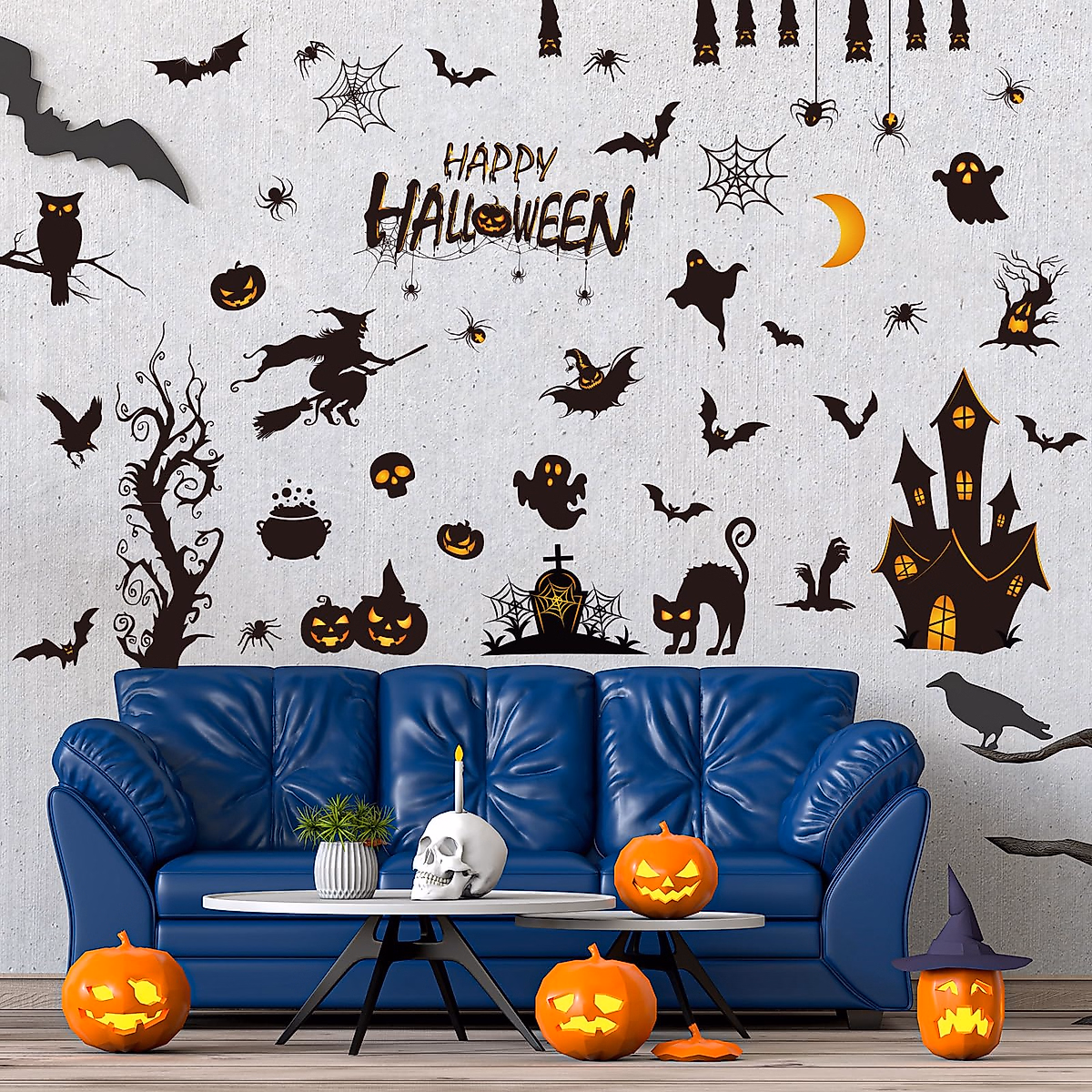 AnyDesign Halloween Wall Decals Bats Ancient Castle Wall Stickers Halloween Removable DIY Wall Art Stickers for Halloween Home Classroom Birthday Party Decoration, 11.8 x 13.8 Inch, 6 Sheets