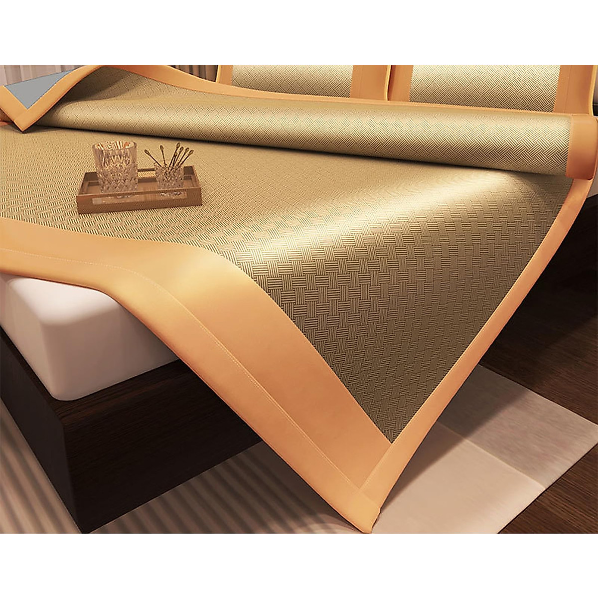 Summer Sleeping Pad Ice Rattan Mat 3 Piece Set (1 Mattress + 2 Pillowcases) Summer Ice Silk Mat Washable Cooler Mattresses (Gray, 59 * 78in/150 * 200cm)