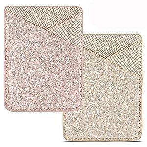 Phone Card Holder Cell Phone Stick On Phone Glitter PU Leather Sleeve Credit for iPhone Samsung Most Smartphones (Rose/Gold)