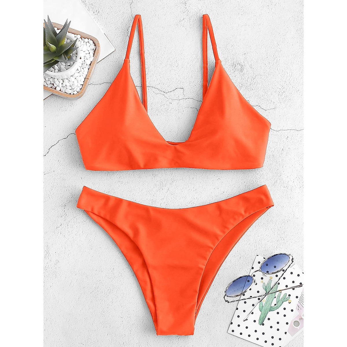 ZAFUL Women's Tie Back Padded High Cut Bralette Bikini Set Two Piece Swimsuit (1-Pumpkin Orange, M)