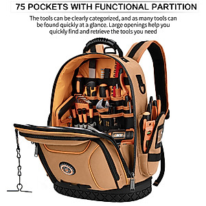 Tool Bag Backpack, 75 Pockets & Loops Canvas Heavy Duty Tools Organizer Bags/HVAC Tool Carrier for Electrician/Construction Work with Molded Base and Combination Lock - Brown