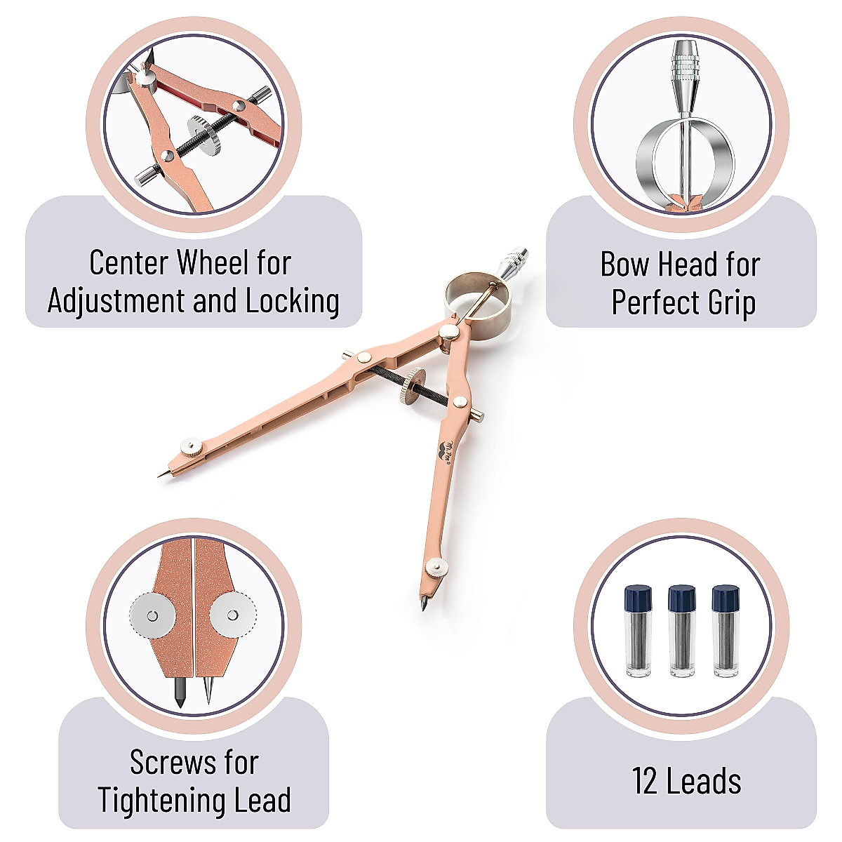 Mr. Pen Professional Geometry Compass - Rose Gold, Metal with Lock, Drawing & Drafting Compass - Extra Leads Included