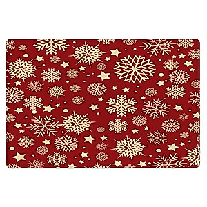 HVEST Winter Memory Foam Bath Mat, Golden Snowflakes and Stars on Red Background Non Slip Bath Rug Kitchen Mat Door Mat Washable Absorbent Bathroom Décor Rug, 16 X 24 Inches