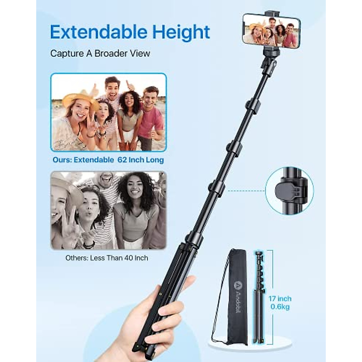 andobil 62'' iPhone Tripod Stand with Remote, Tripod for Samsung Galaxy S23 Ultra, Extendable Cell Phone Stand Lightweight Tripod Fit for iPhone 14 Pro Max, Samsung S22 S21, Android/Camera/GoPro