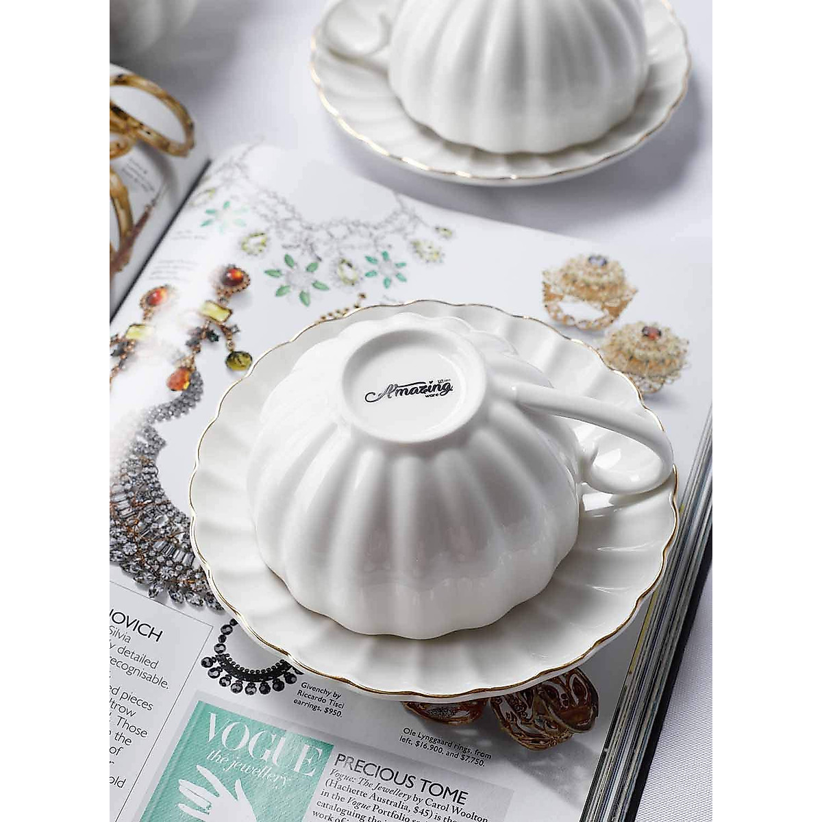 Amazingware Royal Tea Cups and Saucers, with Gold Trim and Gift Box, British Coffee Cups, Tea Cup Set, Porcelain Tea Set, Cappuccino Cups, Latte Cups, Set of 6 (8 oz)- White