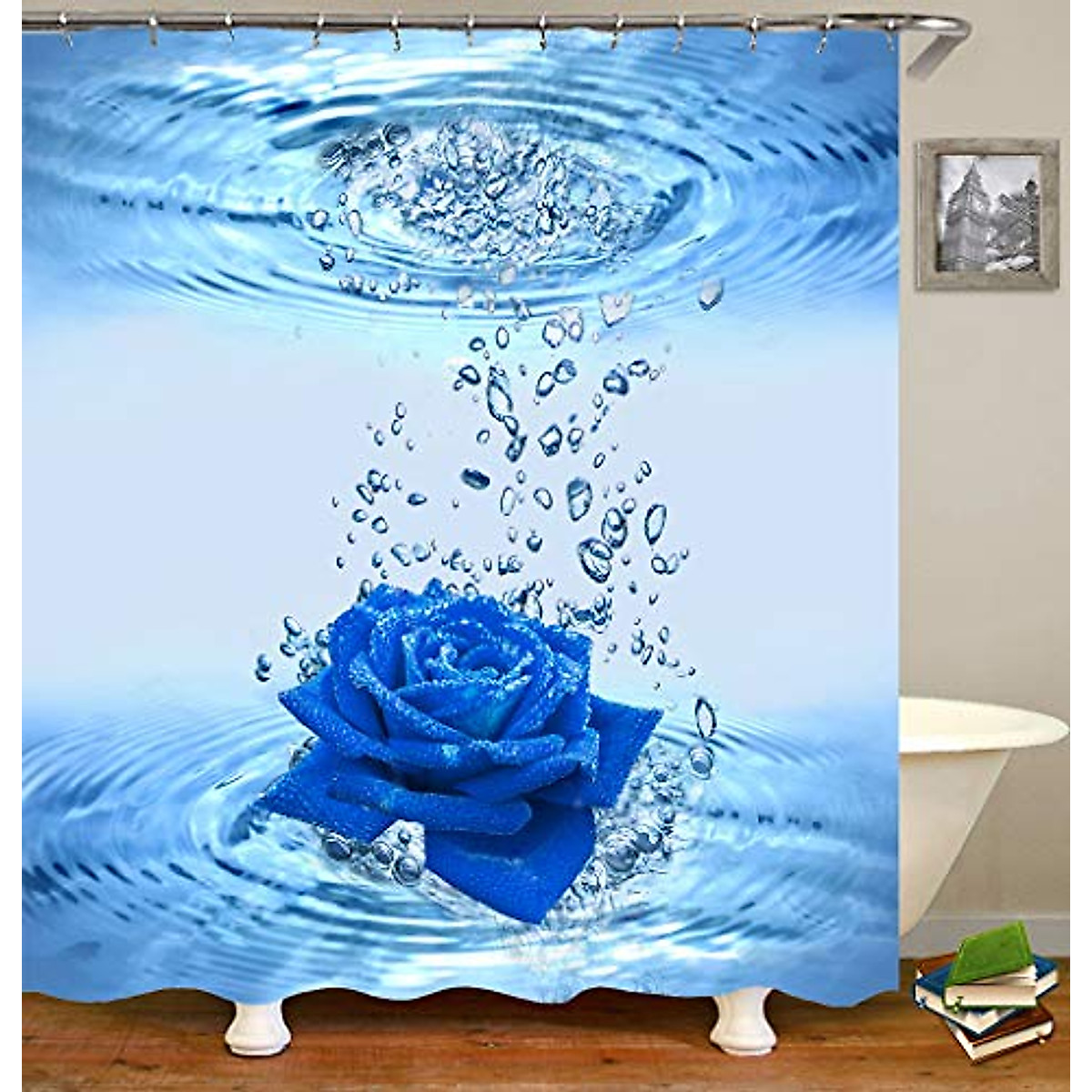 Yuaobeimei Blue Rose in Water Shower Curtain Water Floral Print Modern Style 4Pcs Bathroom Sets with Fabric Curtain, Rugs,and Hooks
