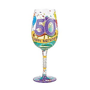 Enesco Designs by Lolita Happy 50th Birthday Hand-Painted Artisan Wine Glass, 1 Count (Pack of 1), Multicolor
