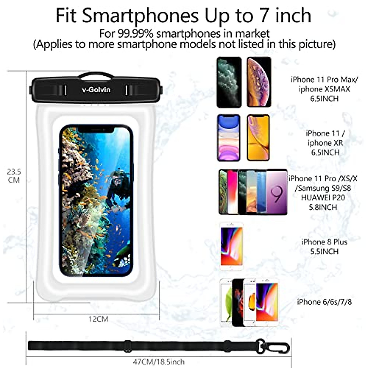 v-Golvin Floating Universal Waterproof Phone Pouch with Card Slot&Lanyard, IPX8 Cellphone Dry Bag Waterproof Case for iPhone 14 13 12 11 Pro Max SE XS XR S10 S9 Note 20/10 Up to 7" -2 Pack Black