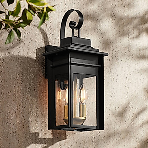 Franklin Iron Works Bransford Rustic Farmhouse Outdoor Wall Light Fixture Black 2-Light 17" Clear Glass Shade for Exterior Barn Deck House Porch Yard Patio Outside Garage Front Door Garden Home