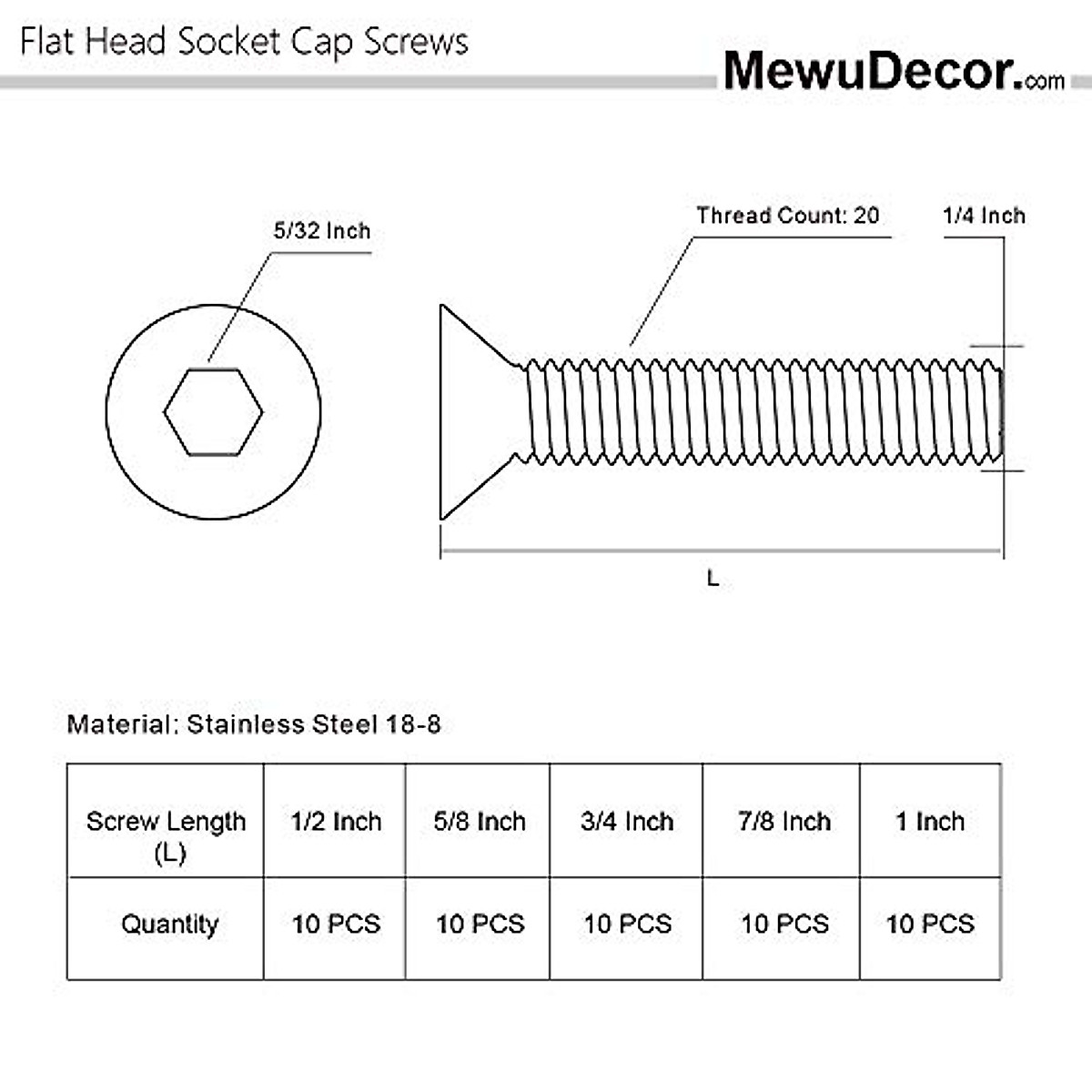 1/4-20 x 1/2", 5/8", 3/4", 7/8", 1" Flat Head Socket Cap Screws, Allen Socket Drive, Stainless Steel 18-8 (304), Bright Finish, Fully Threaded, 50 PCS