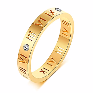 VNOX Women's Stainless Steel Zirconia Roman Numerals Wedding Band Ring for Womens,Gold Plated,Size 10