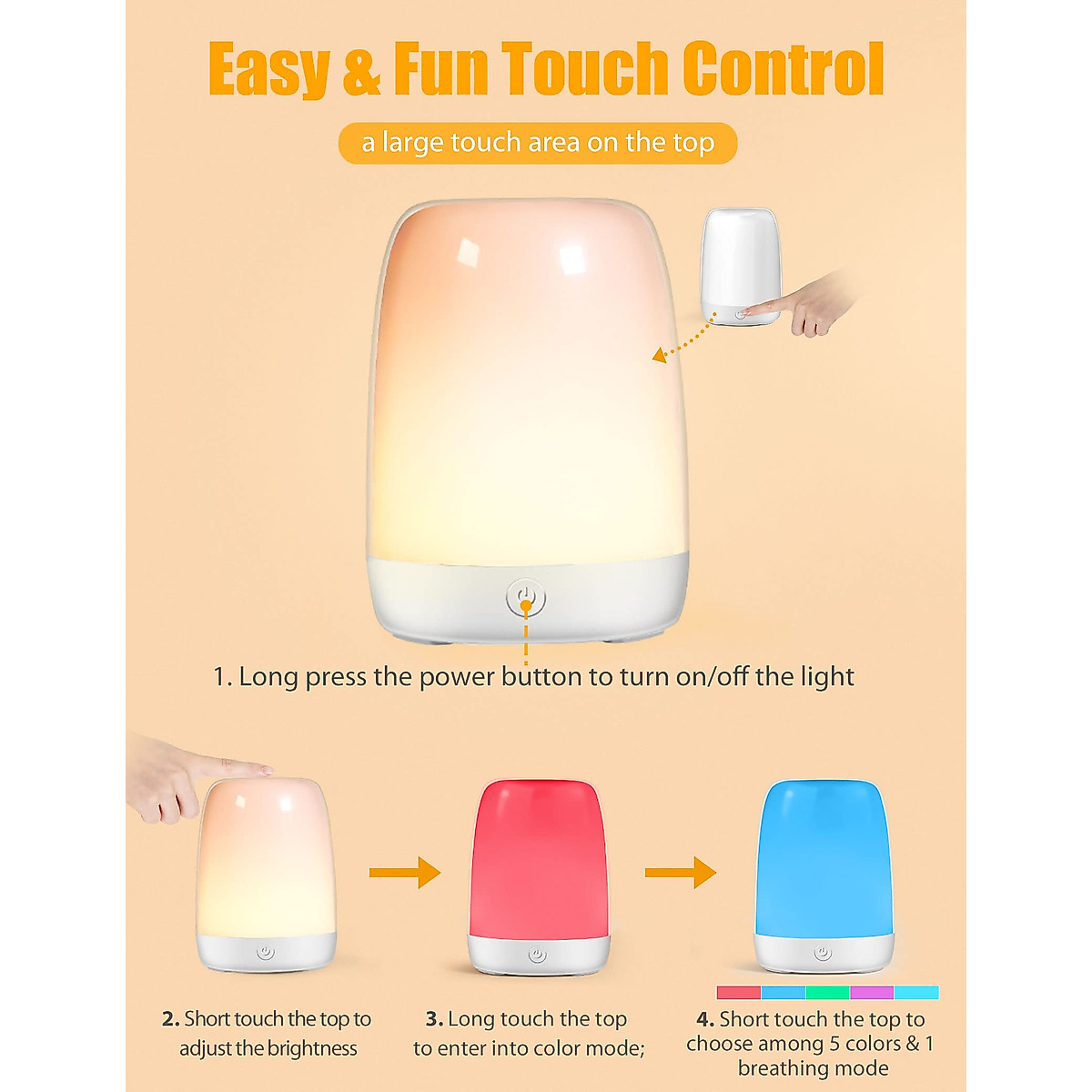 Night Light for Kids, Baby Night Light with Touch Control & Dimmable Warm Light, 5 Colors Changing Nursery Night Light, USB Rechargeable Bedside Lamp for Breastfeeding Toddlers Boys Girls Bedroom