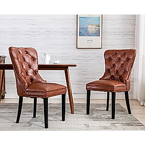 CIMOTA PU Leather Dining Chairs Set of 2, Upholstered Modern Tufted Dining Room Chairs Nailhead Trim Armless Side Chair with Solid Wood for Kitchen/Dining Room/Bedroom (Brown, Ring on The Back)
