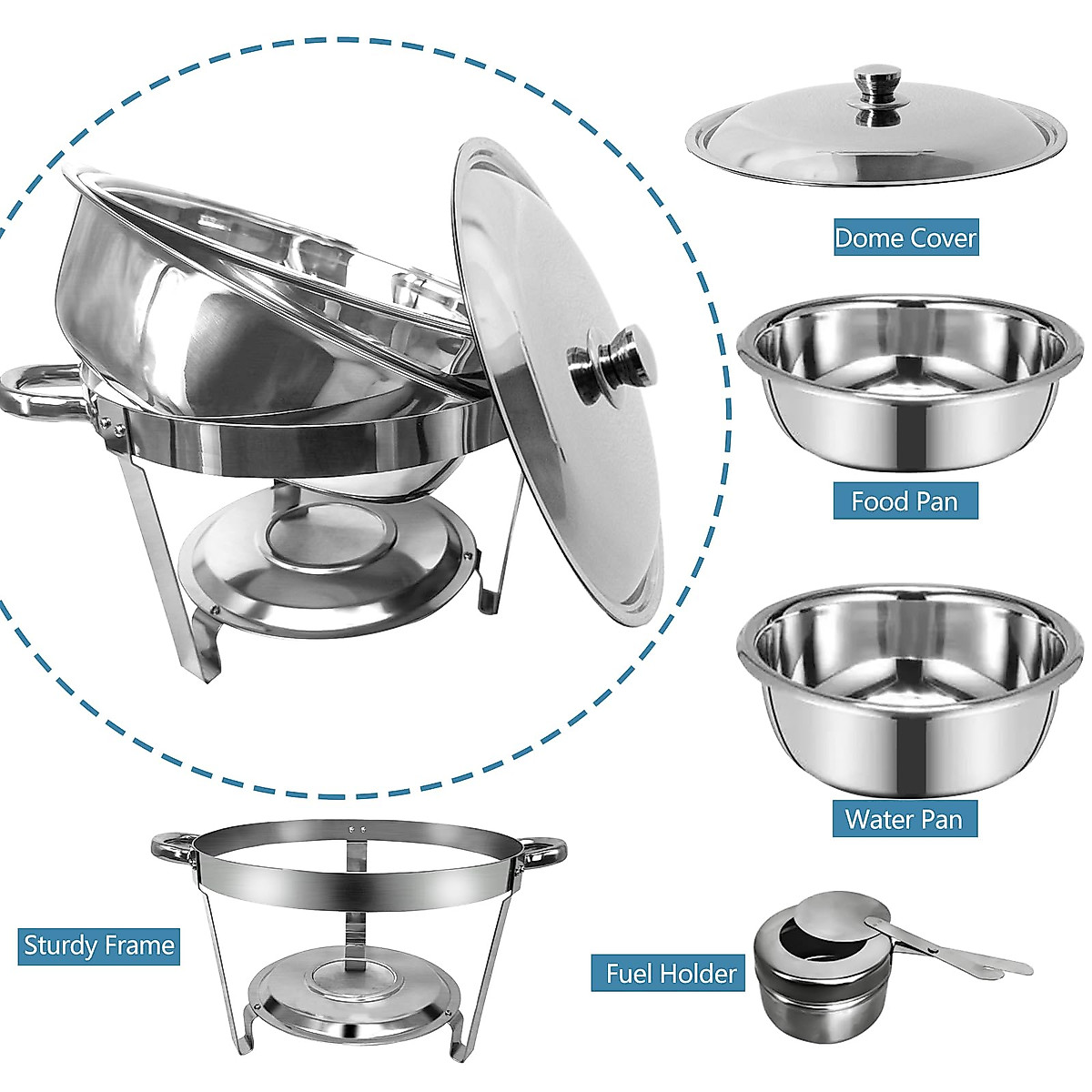 Jacgood Chafing Dish Buffet Set Full Size Stainless Steel, Silver Round Catering Warmer Set with Food and Water Trays, Mirror Cover, Thick Stand Frame for Kitchen Party Banquet (5 Qt 2 Pack)