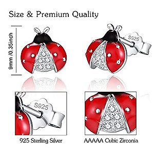 Ladybug Studs Earrings, 925 Sterling Silver with Cubic Zirconia, Hypoallergenic for Sentitive Ears, Miraculous Ladybug Jewelry Mother Day Gift for Women Girlfriend Daughter with Gift Box